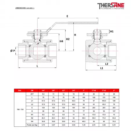 Robinet à tournant sphérique RBS 3 voies PN40 taraudé Femelle, lumière ...