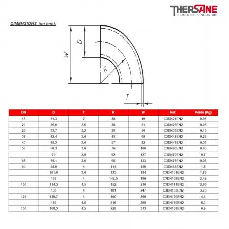 Coude acier 90° 3DG T3 sans soudure NF EN-10253-2 Diamètre extérieur et épaisseur 26.9mm X 2.6mm